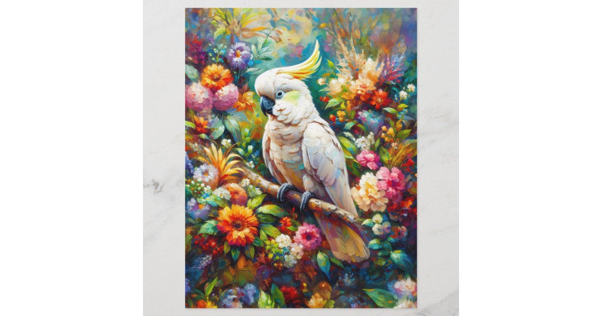 Cockatoo with Colorful Flowers Scrapbook Paper | Zazzle