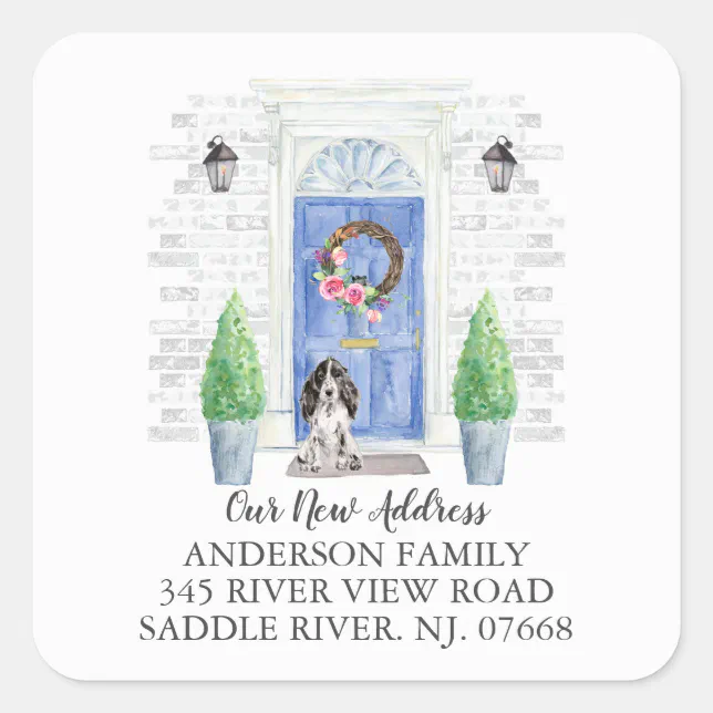 Cocker Spaniel Blue Door New Address Label Sticker | Zazzle