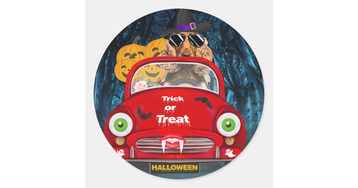 Cocker Spaniel Dog Driving Car Scary Halloween Classic Round Sticker ...