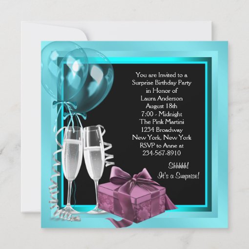 Cocktail Balloon Teal Blue Surprise Birthday Party Invitation | Zazzle