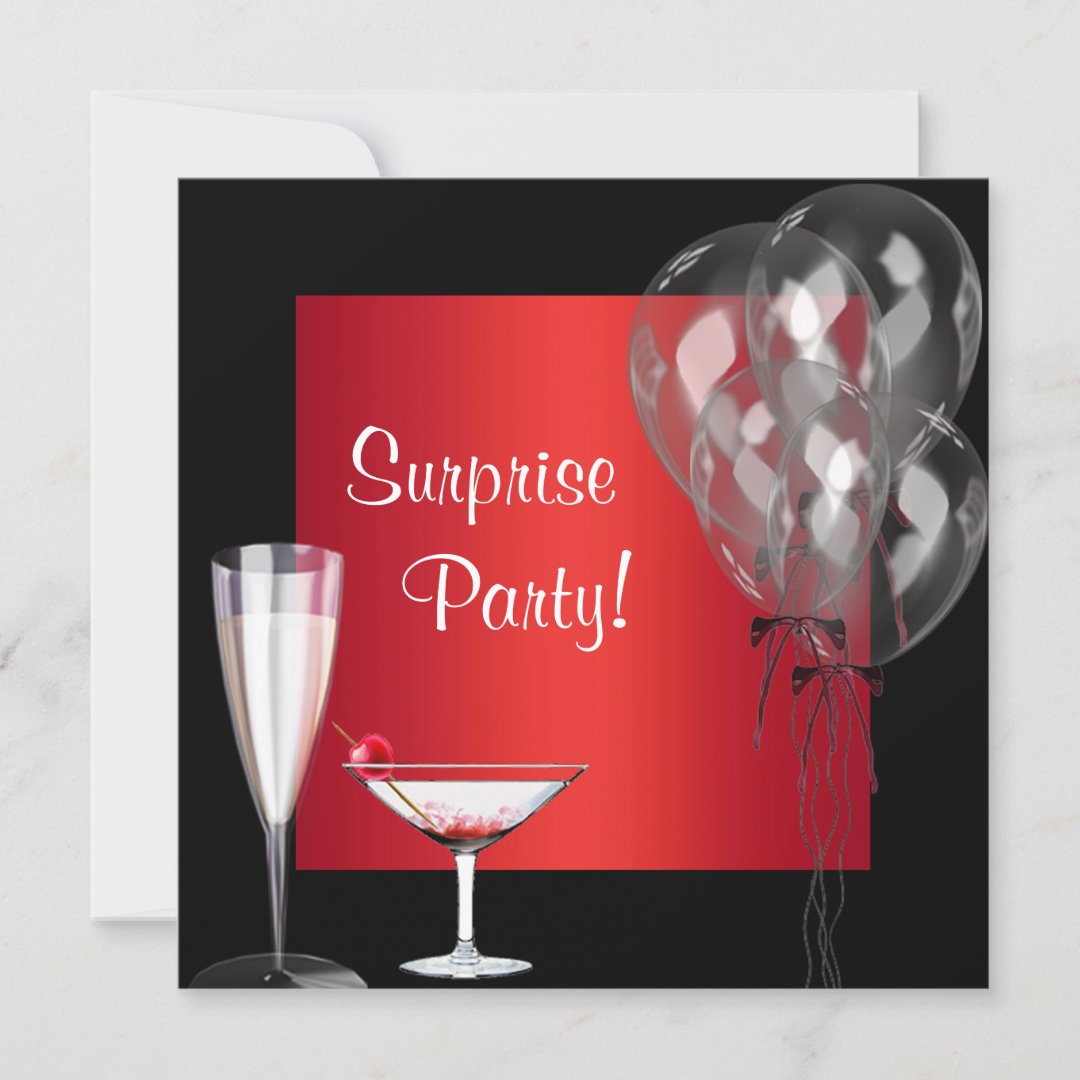 Cocktail Balloons Red Surprise Birthday Party Invitation | Zazzle