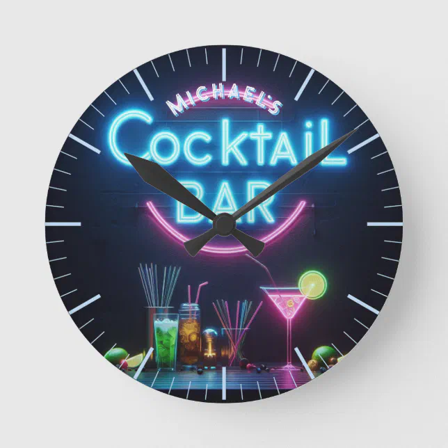 Cocktail Bar Clock Neon Personalized Mancave Den | Zazzle