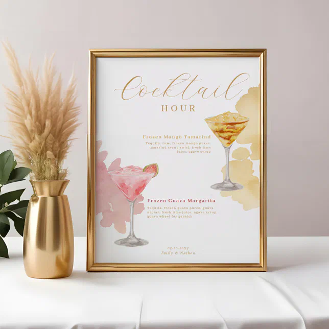 Cocktail Hour Watercolor Cocktails Wedding Menu Poster | Zazzle