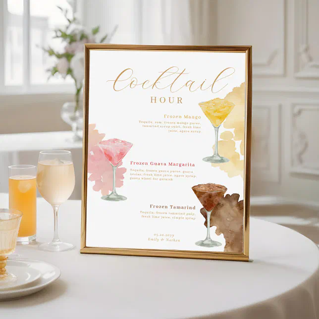 Cocktail Hour Watercolor Cocktails Wedding Menu Poster | Zazzle