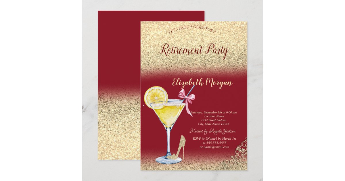 Cocktail Lemon Gold Glitter Red Retirement Invitation | Zazzle