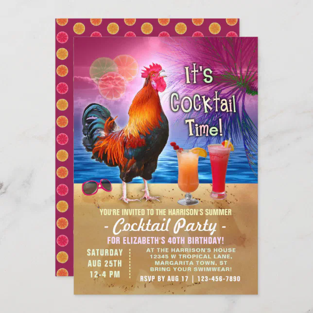 Cocktail Party Tropical Rooster Funny Birthday Invitation | Zazzle