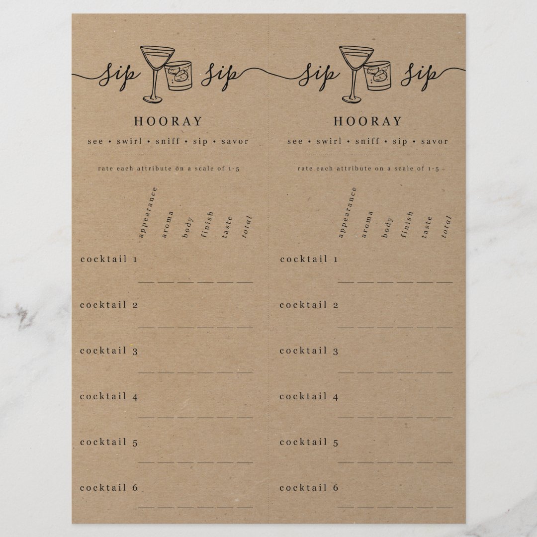 Cocktail Tasting Rating Scorecard on Faux Kraft Letterhead | Zazzle