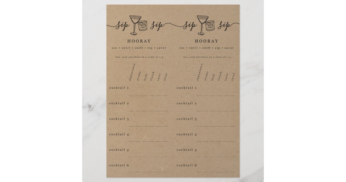 Cocktail Tasting Rating Scorecard on Faux Kraft Letterhead | Zazzle