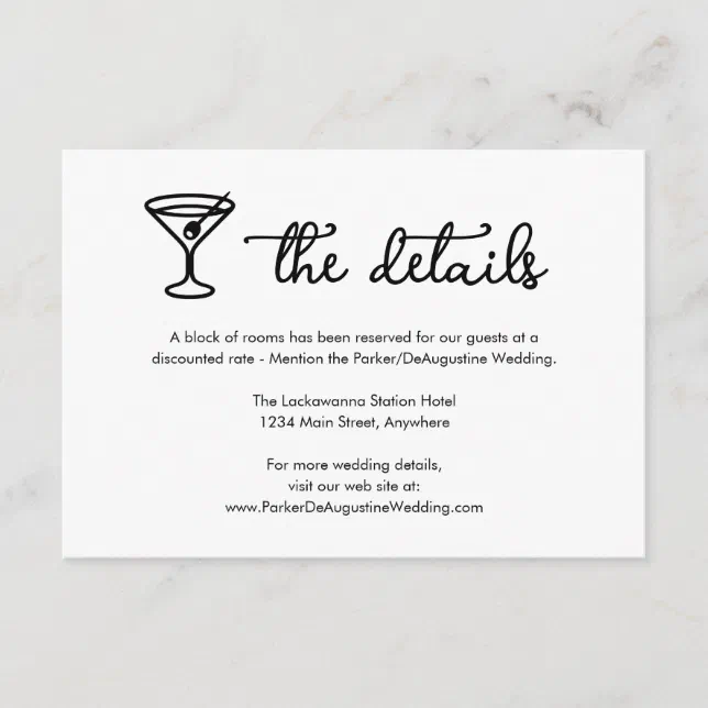 Cocktail Wedding Information Detail Enclosure Card | Zazzle