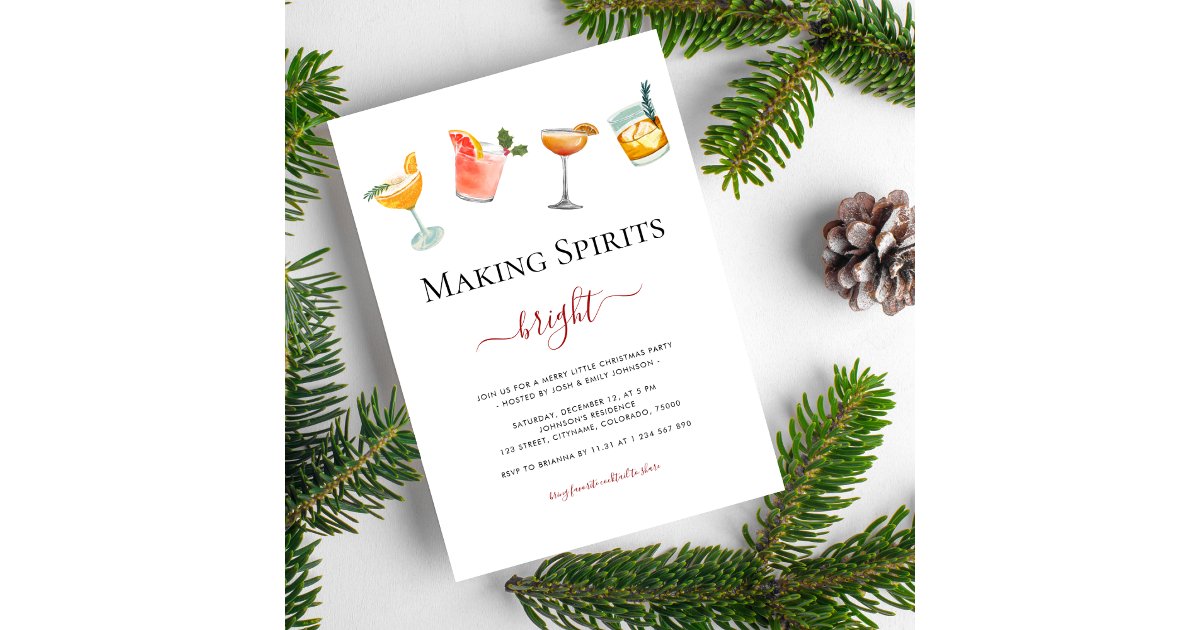 Cocktails Making Spirits Bright Christmas Party Invitation | Zazzle