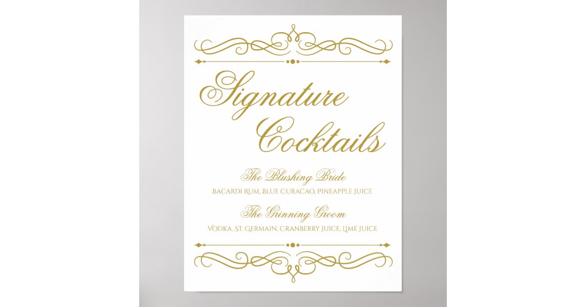 Cocktails Wedding Sign | Gold Swirl Calligraphy | Zazzle