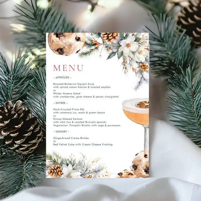 Cocktails & Winter Floral Christmas Dinner Party Menu | Zazzle