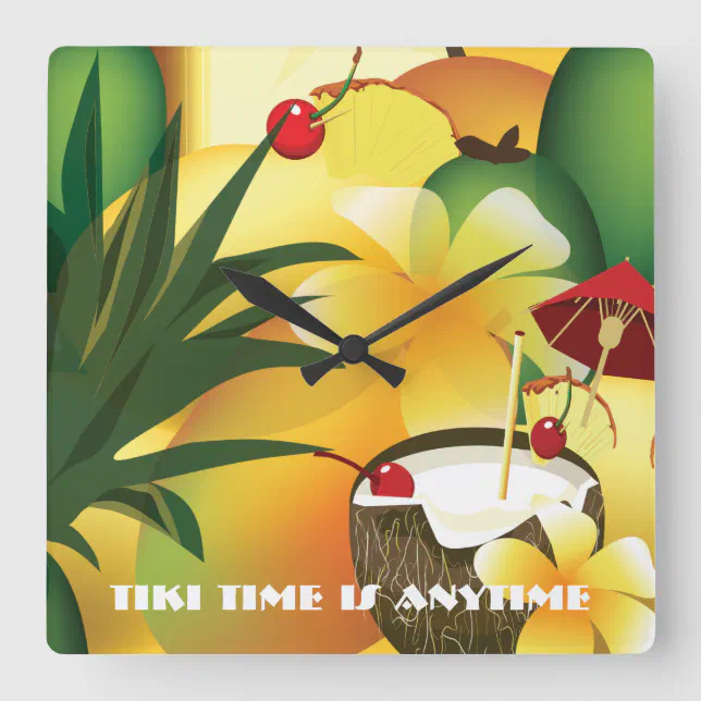 Coconut Tiki Time Bar Luau Tropical Clock | Zazzle
