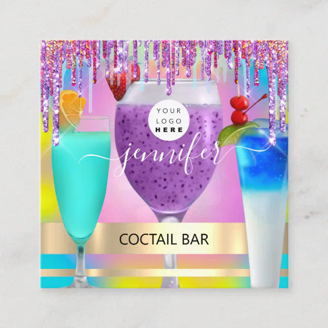 Coctail Pub Wine Restaurant Logo Holographic Drink Square Business Card ...