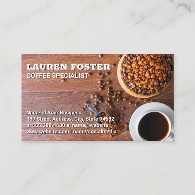 Coffee Beans and Coffee Cup on Table Business Card | Zazzle