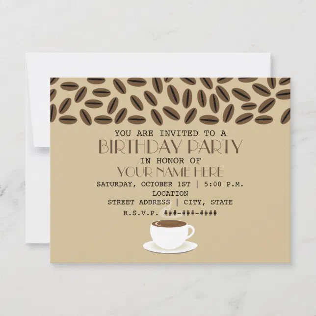 Coffee Beans & Cup Of Coffee Birthday Invitations | Zazzle