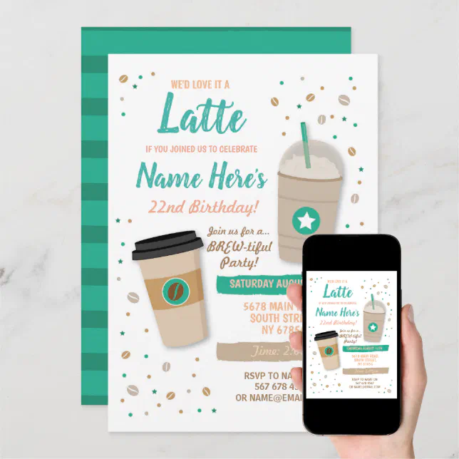 Coffee Birthday Latte Cafe Shop Beans Celebration Invitation | Zazzle