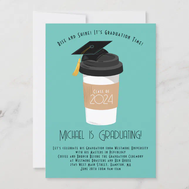 Coffee Breakfast Brunch Graduation Party Teal Invitation | Zazzle