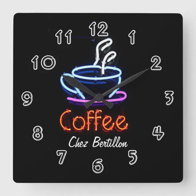 Coffee Cafe Neon Sign Personalized Square Wall Clock | Zazzle