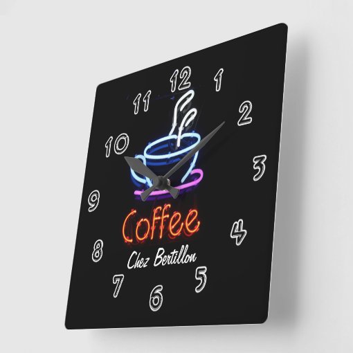 Coffee Cafe Neon Sign Personalized Square Wall Clock | Zazzle