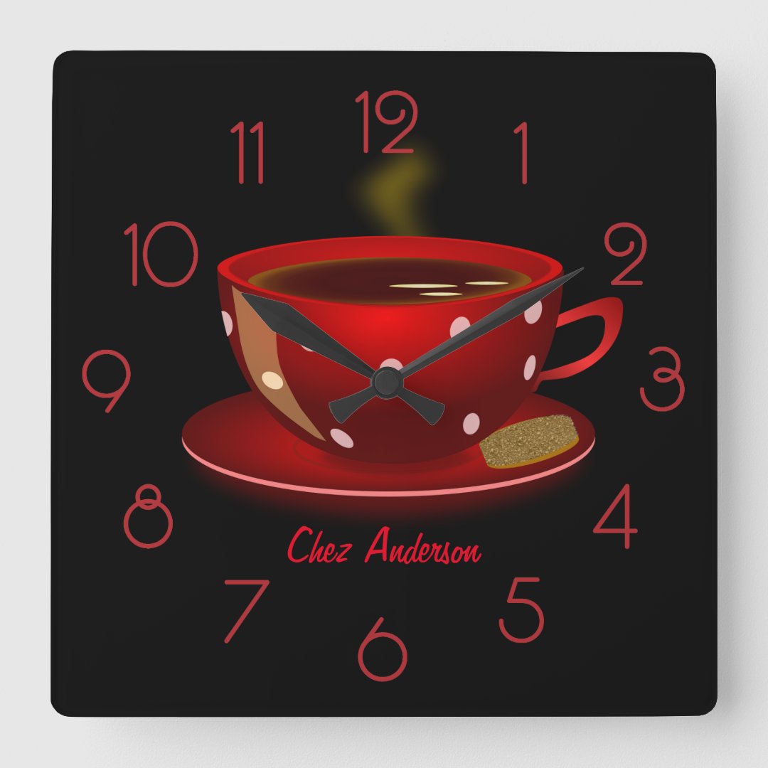 Coffee Cafe Red and Black Personalized Square Wall Clock | Zazzle