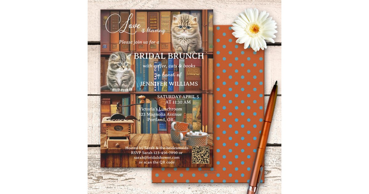 Coffee Cats Books Bridal Brunch Invitation | Zazzle