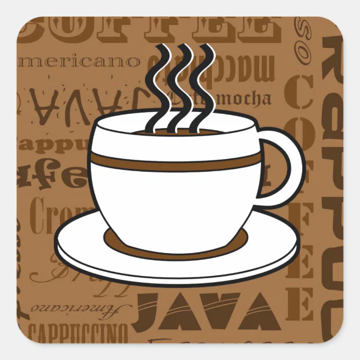 Coffee Cup - Coffee Words Print - Brown Square Sticker | Zazzle