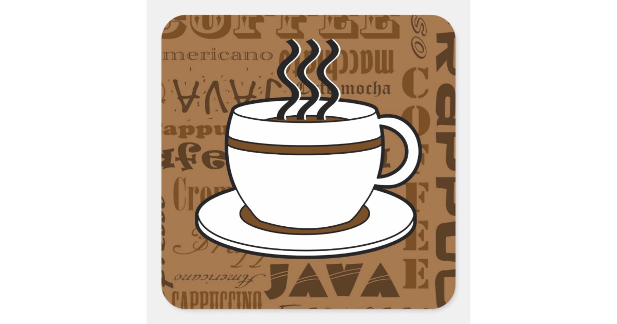 Coffee Cup - Coffee Words Print - Brown Square Sticker | Zazzle
