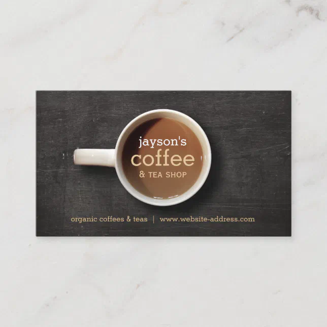 Coffee Cup on Black Wood Coffee Shop Business Card | Zazzle