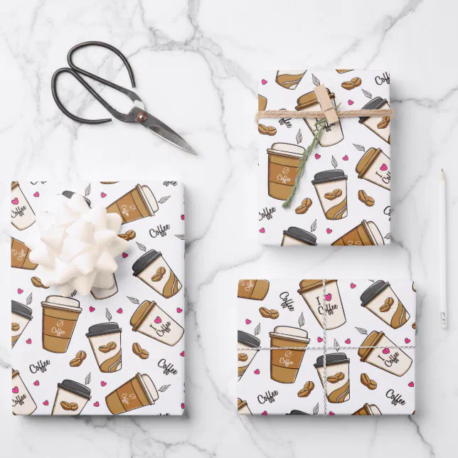 Coffee Cups, Coffee Beans, Coffee Lover, Hearts Wrapping Paper Sheets ...