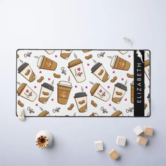 Coffee Cups, Coffee Beans, Coffee Lover, Your Name Desk Mat | Zazzle