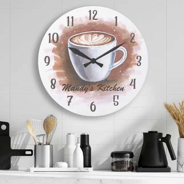 Coffee Latte Espresso Personalized Kitchen Wall Large Clock | Zazzle
