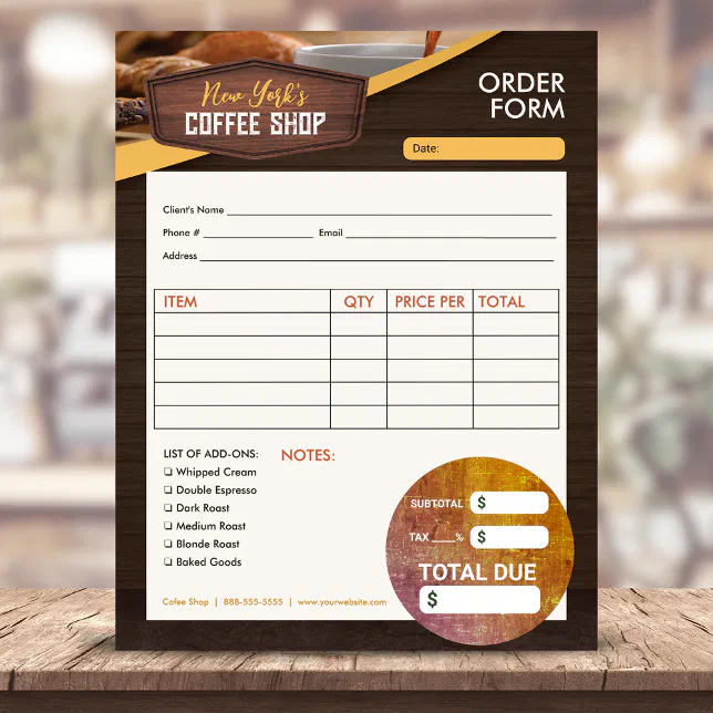 Coffee Shop Cafe | Service Order Invoice Form Notepad | Zazzle