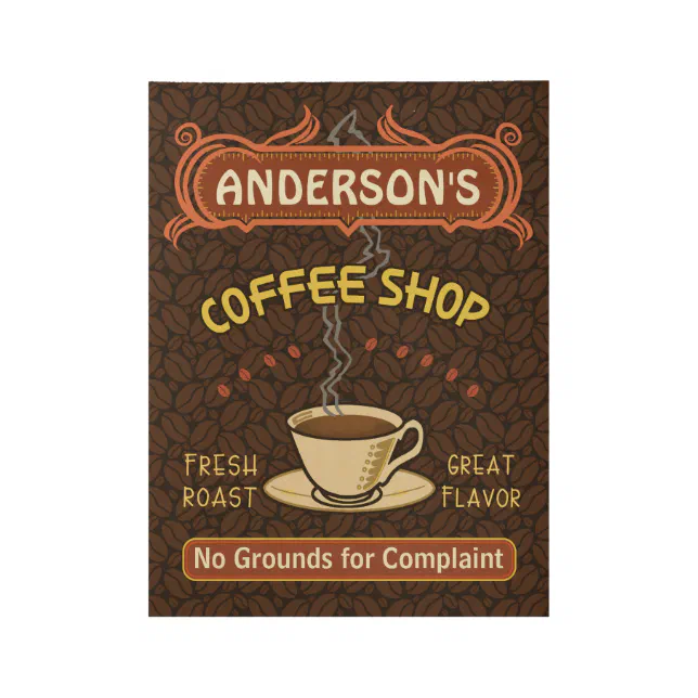 Coffee Shop Coffeehouse Cafe Beans | Personalized Wood Poster | Zazzle