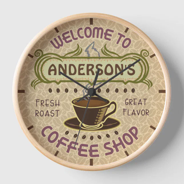 Coffee Shop Cup Beans Coffeehouse | Add Name Wall Clock | Zazzle