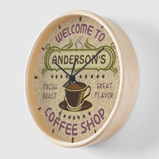 Coffee Shop Cup Beans Coffeehouse | Add Name Wall Clock | Zazzle