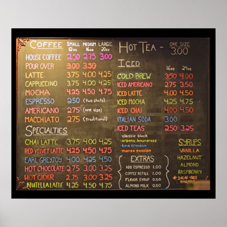 Coffee Shop Menu Board - 24x20 Inch Poster | Zazzle