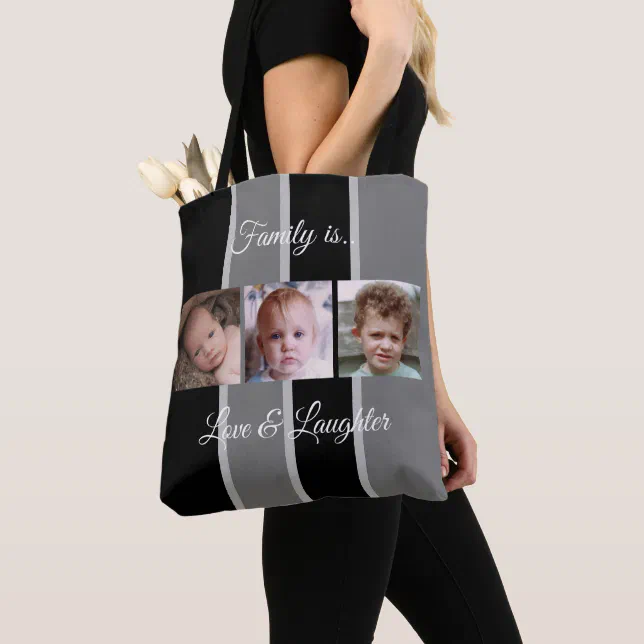 Collage add your own custom photos black and grey tote bag | Zazzle