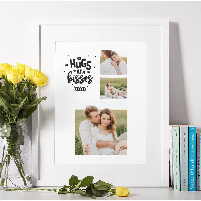 Collage Couple Photo & Hugs And Kisses Phrase Love Poster | Zazzle