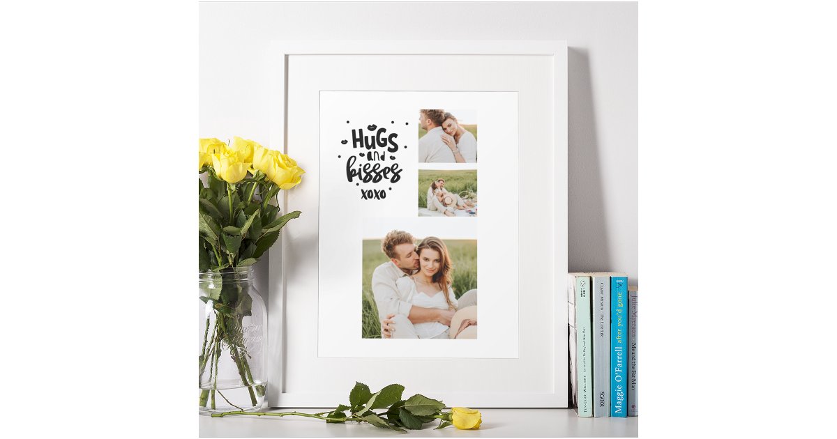 Collage Couple Photo & Hugs And Kisses Phrase Love Poster | Zazzle