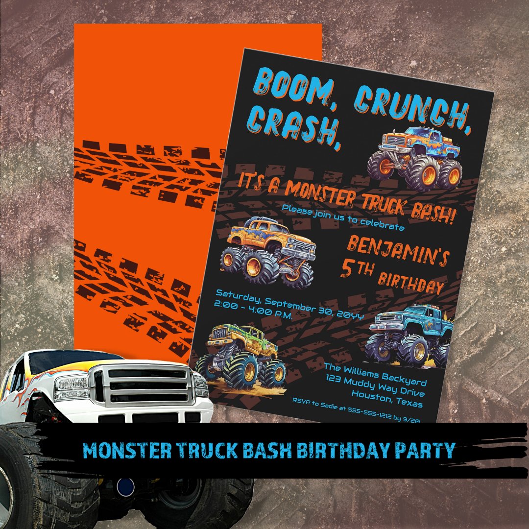 Monster Truck Bash Boy 5th Birthday Party Invitation | Zazzle
