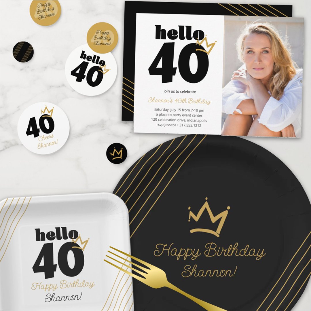 Hello 40 Milestone Birthday Black Gold Crown Invitation | Zazzle