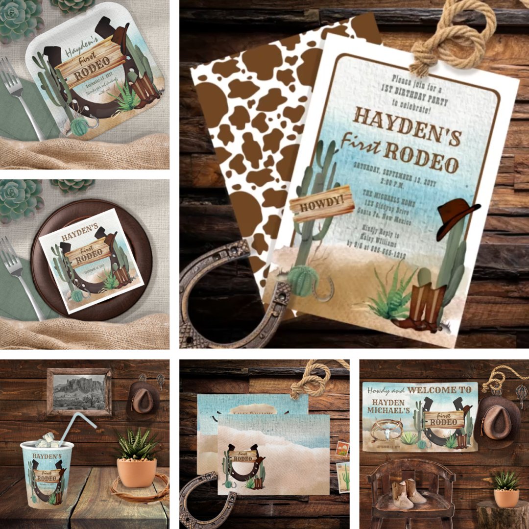 First Rodeo Cowboy Western Boy 1st Birthday Party Paper Plates | Zazzle