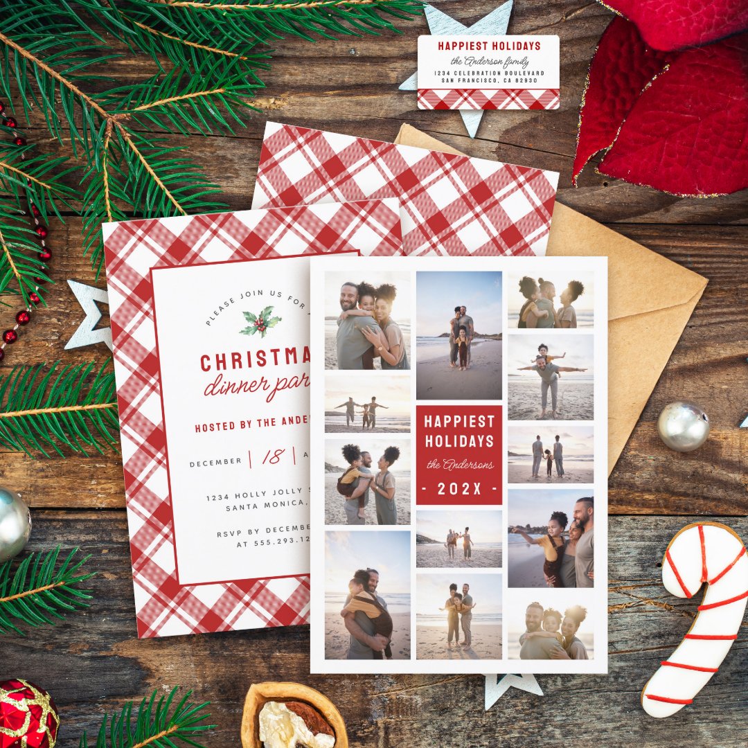 Modern Minimalist 12 Photo Collage Christmas Holiday Card | Zazzle