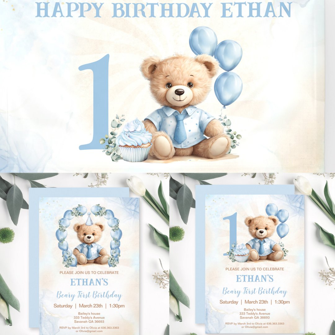 Teddy Bear 1st Birthday Blue Balloons Invitation | Zazzle