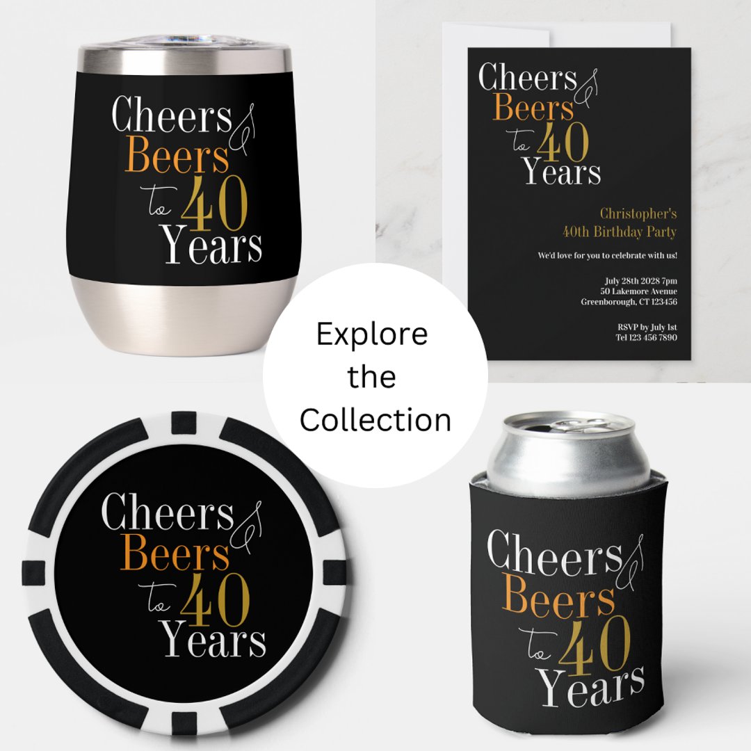 40th Birthday Cheers and Beers Black Gold Party Can Cooler | Zazzle