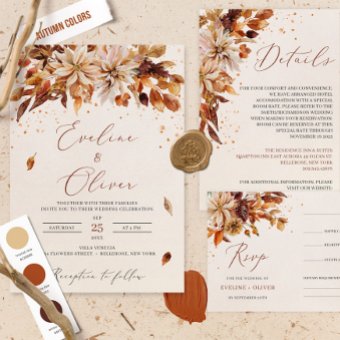 Fall and Autumn flowers and leaves wedding Invitation | Zazzle