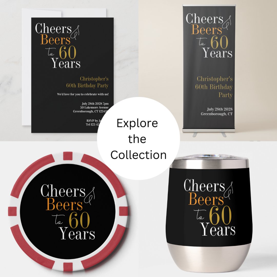 60th Birthday Cheers Beers Black Gold Party Favor Can Cooler | Zazzle