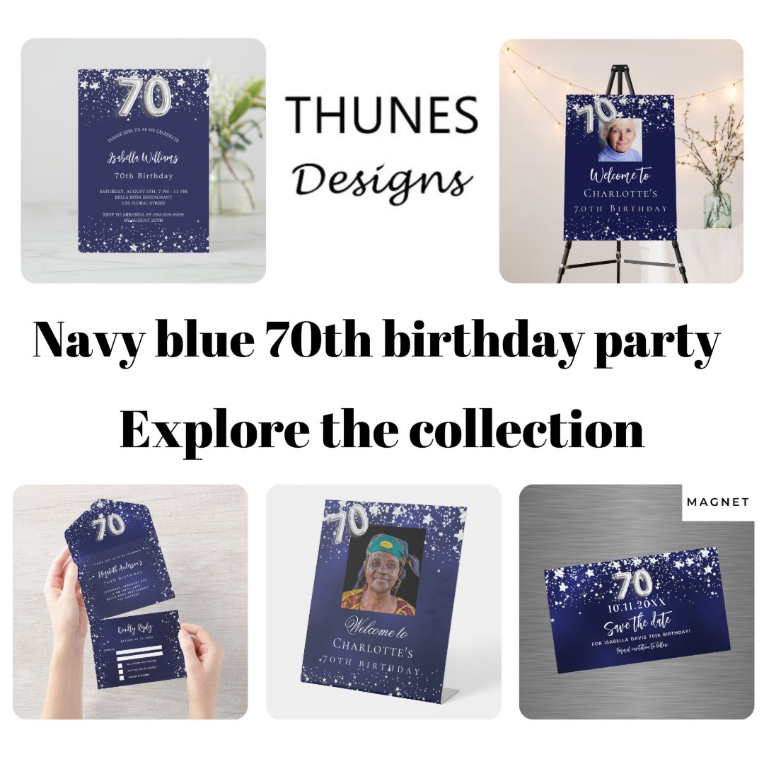 70th birthday navy blue silver stars photo welcome foam board | Zazzle