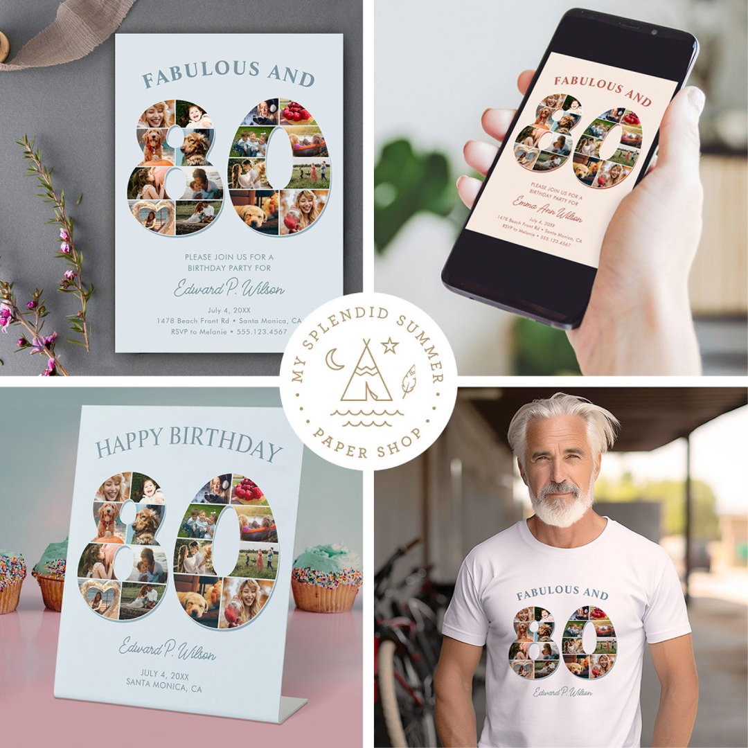 80th Birthday Photo Collage Elegant and Timeless Invitation | Zazzle